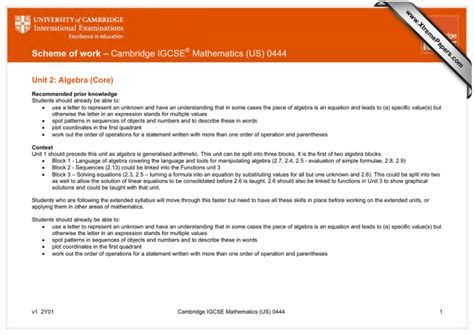 Scheme Of Work Cambridge Igcse Mathematics Us 0444