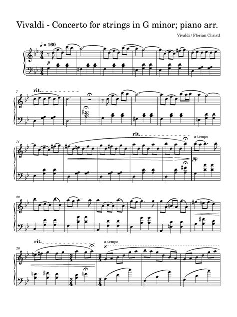 Concerto For Strings In G Minor Rv 156 Antonio Vivaldi Arr For Piano