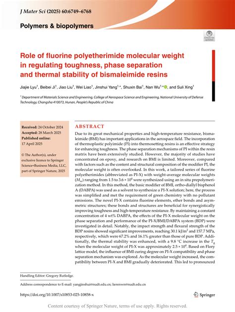 Role Of Fluorine Polyetherimide Molecular Weight In Regulating Toughness Phase Separation And