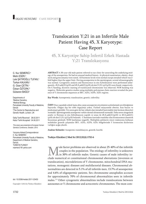 Pdf Translocation Y21 In An Infertile Male Patient Having 45 X