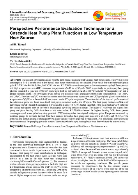 Pdf Perspective Performance Evaluation Technique For A Cascade Heat Pump Plant Functions At
