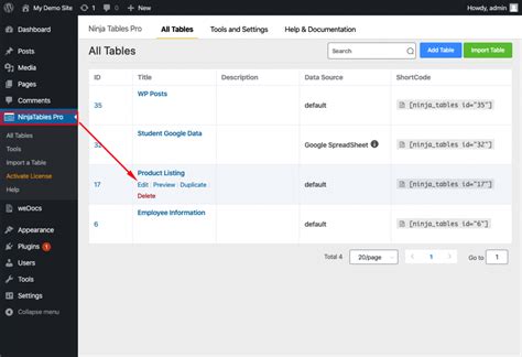 configure stackable tables with ninja tables wp manage ninja