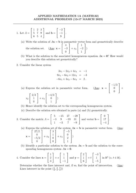 additional problems 3 applied mathematics 1a math132 additional