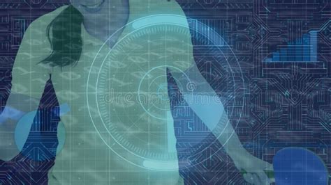 Animation Of Data Processing And Scope Scanning Over Caucasian Woman And Computer Circuit Board