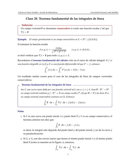 Clase 20 Teorema Fundamental De Las Integrales De Línea Pdf