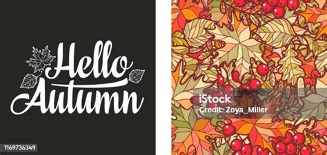 안녕하세요 가을 문자 문구 텍스트입니다 로완 단풍 나무 자작 나무 참나무와 단풍 나무와 원활한 패턴 단풍 가을 잎 디자인 단풍 숲 잎 벡터입니다 빨강 녹색 갈색 노랑 가을