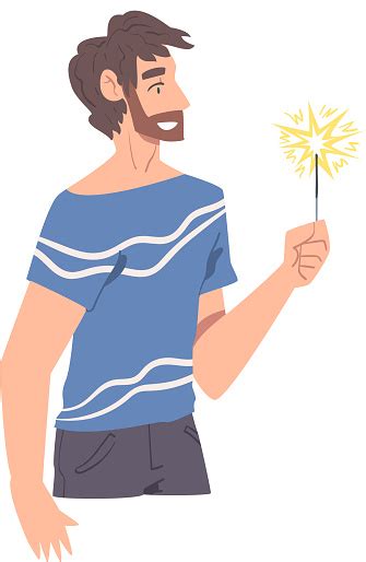 불타는 스파클러를 들고 젊은 수염 남자 크리스마스 새해 또는 생일 휴일 만화 스타일 벡터 일러스트를 축하 즐거운 분위기의 남자 독일에 대한 스톡 벡터 아트 및 기타 이미지