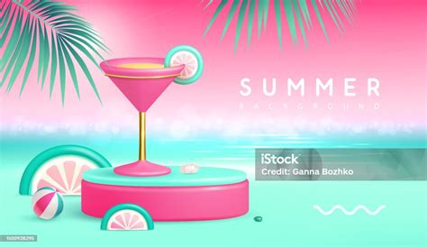 3d 무대와 코스모폴리안 칵테일이 있는 여름 해변 배경 화려한 여름 풍경입니다 벡터 그림 0명에 대한 스톡 벡터 아트 및 기타 이미지 Istock