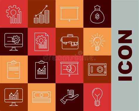 Set Line Light Bulb With Concept Of Idea Safe Rays Shine And Chalkboard Document Graph Chart