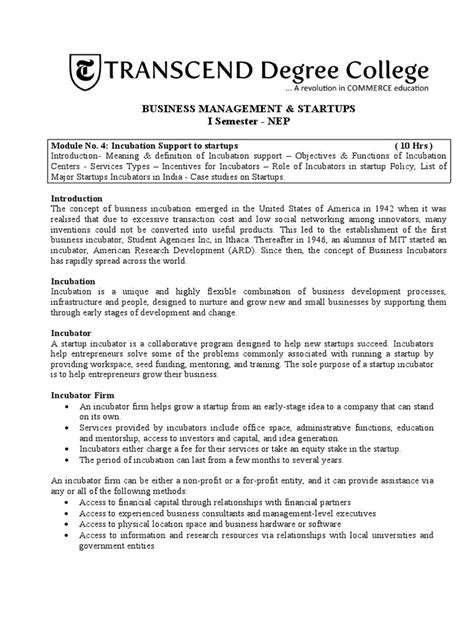 bms unit 4 handout pdf business incubator startup company