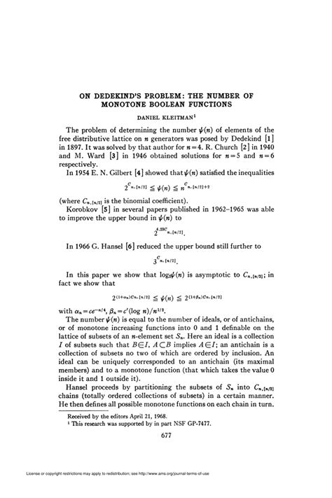 Pdf On Dedekinds Problem The Number Of Monotone Boolean Functions