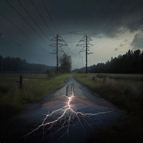 Premium Photo Broken Power Line On Ground With Sparks Due To Lightning And Rain