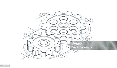 기계 공학 개념 기어 및 톱니바퀴 프로젝트 도면 초안 등각 투영 3d 벡터 일러스트 레이 션 톱니 바퀴 시스템 기술 및 기술