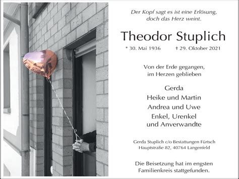 Traueranzeigen Von Theodor Stuplich Trauer In Nrw De