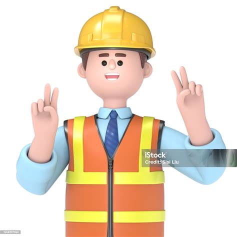 남성 엔지니어 오웬의 3d 일러스트레이션은 평화의 표시 승리의 상징 두 번째 성공한 사람을 하는 손가락을 보여줍니다 흰색 배경에