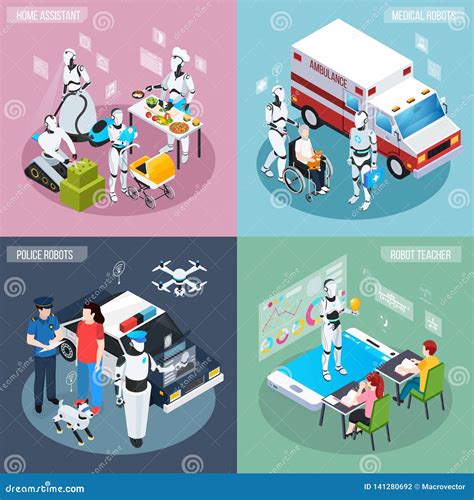 Robot Isometric Professions Icon Set Stock Vector Illustration Of