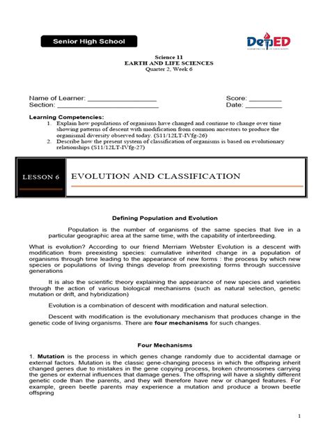 Mod 6 Evolution And Classification Pdf Evolution Genetic Diversity