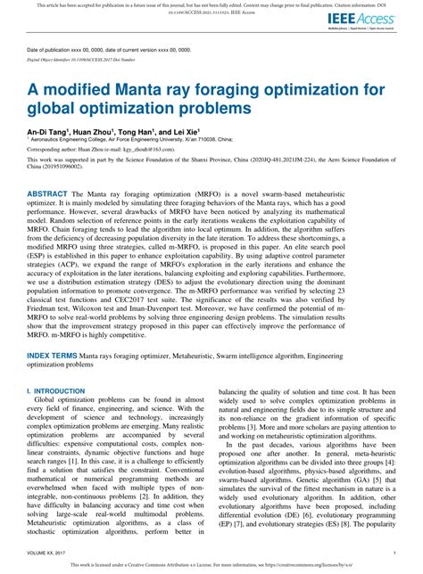 Pdf A Modified Manta Ray Foraging Optimization For Global