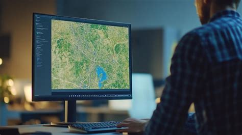 Man With Beard At Computer Analyzing Detailed Satellite Map Premium