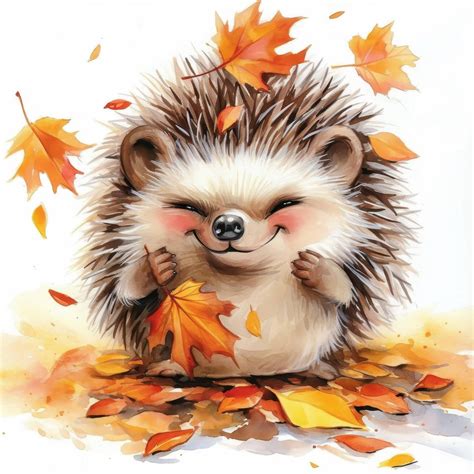 13 Fall Hedgehog With Leaves Clipart Bundle Printable Watercolor Fall
