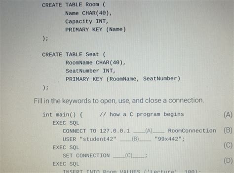 solved create table room name char 40 capacity int primary