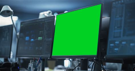 Empty Software Developer Office Workplace With A Desk With Computer Green Screen Backend Of