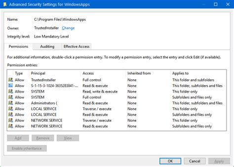 restore permissions for windowsapps folder