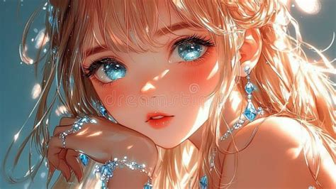 Beautiful And Cute Young Anime Girl With Blonde Hair And Blue Eyes