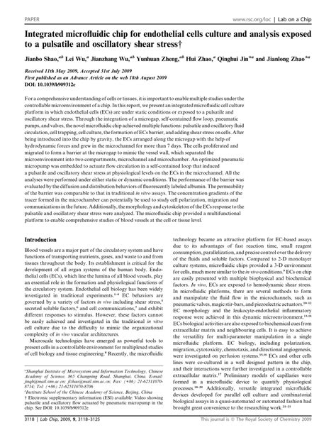 Pdf Integrated Microfluidic Chip For Endothelial Cells Culture And Analysis Exposed To A