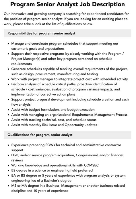 Program Senior Analyst Job Description Velvet Jobs
