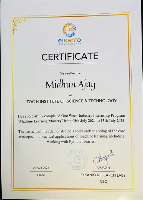 Midhun Ajay On Linkedin Machinelearning Internship Certificate