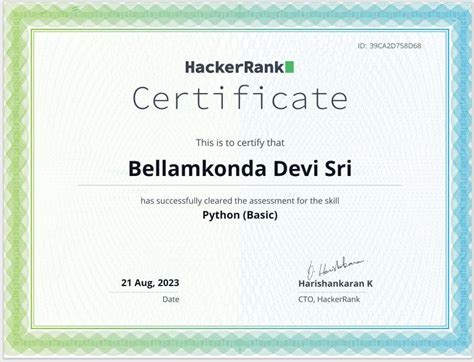 Devisri Bellamkonda On Linkedin I Have Achieved Hackerrank Python Basic Certificate