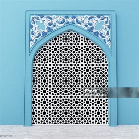 상단에 전통적인 꽃 디자인과 아라베스크 패턴 프레임 블루 이슬람 아치 창문에 대한 스톡 사진 및 기타 이미지 창문 아라비아 이슬람교 Istock