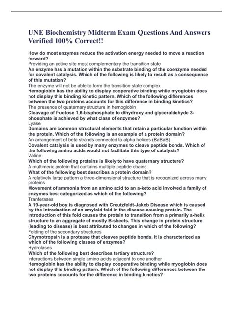 Une Biochemistry Midterm Exam Questions And Answers Verified 100