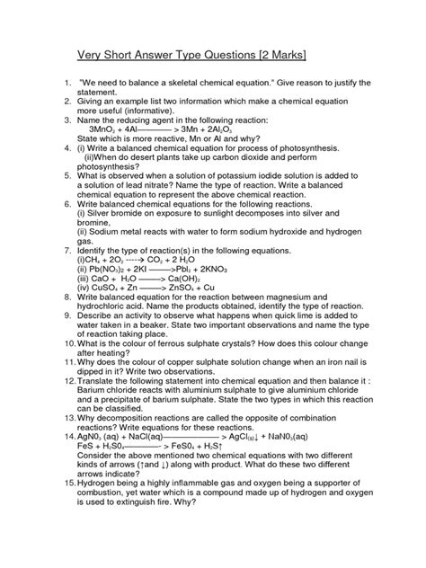 Short Answer Type Questions Pdf Chemical Reactions Redox