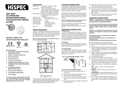 Hispec Hssa Pe Smoke Alarm Instruction Manual With 9v Battery Backup
