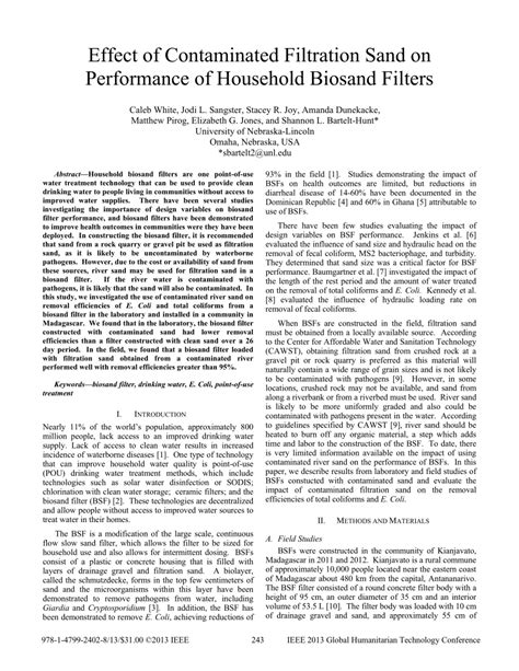 Pdf Effect Of Contaminated Filtration Sand On Performance Of Household Biosand Filters