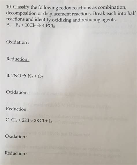 Solved Classify the following redox reactions as | Chegg.com