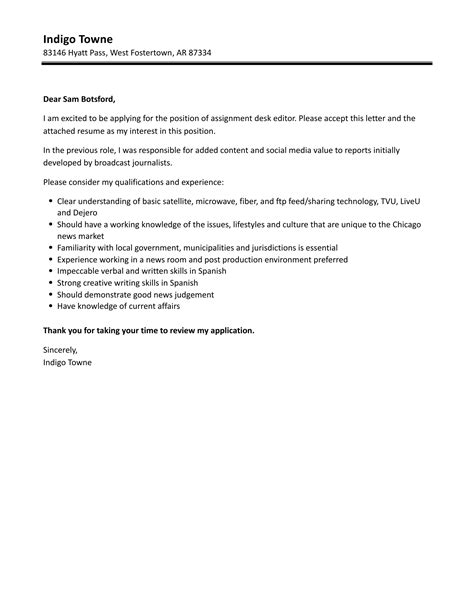Assignment Desk Editor Cover Letter Velvet Jobs