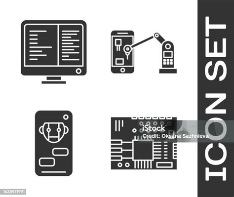 인쇄 회로 기판 Pcb 컴퓨터 모니터 화면 봇 및 산업 기계 로봇 로봇 팔 손 아이콘을 설정합니다 벡터 Brand Name Smart Phone에 대한 스톡 벡터 아트 및