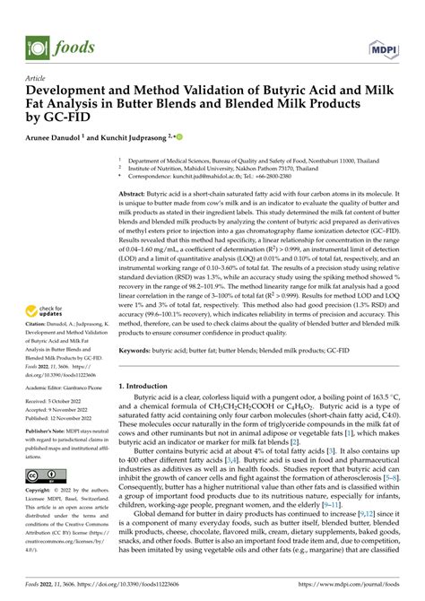 Pdf Development And Method Validation Of Butyric Acid And Milk Fat Analysis In Butter Blends