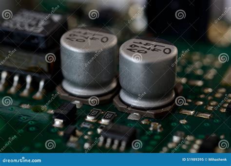 Close Up Aluminum Electrolytic Capacitors On Pcb Stock Image Image Of