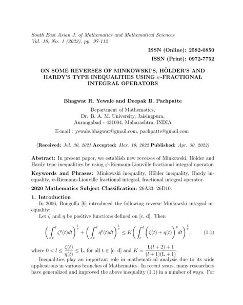 Pdf On Some Reverses Of Minkowskis Hölders And Hardys Type Inequalities Using ψ Fractional