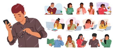 Premium Vector Set Of Male And Female Characters With Vision Problems