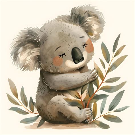 Friendly Clip Art Koala Hugging Eucalyptus Branch With Sleepy Expression Premium Ai Generated