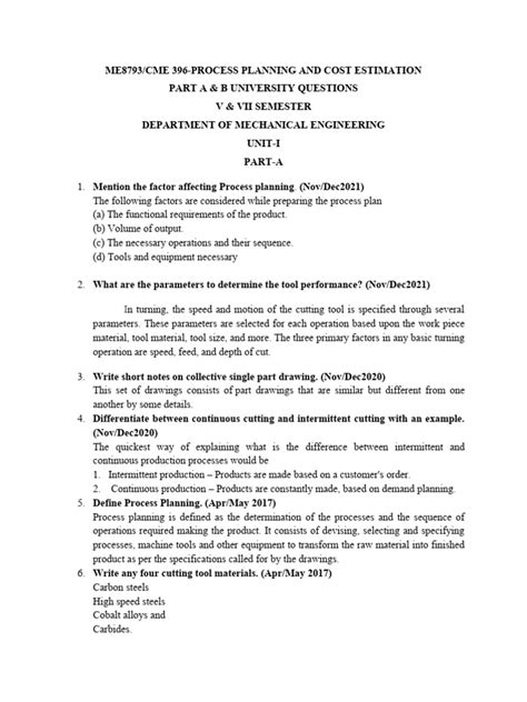 Ppce Unit I Process Planning And Cost Estimation Download Free Pdf