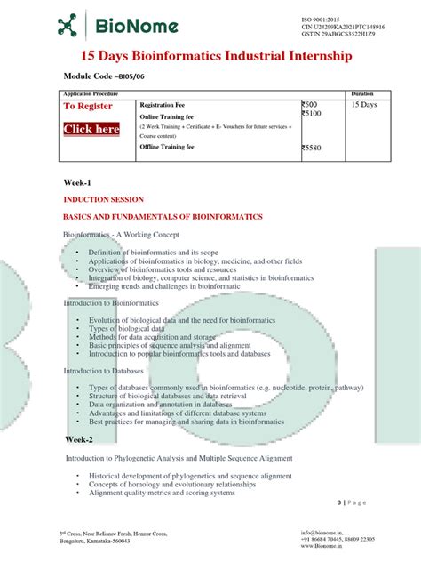 15 Days Bioinformatics Industrial Internship Pdf Bioinformatics