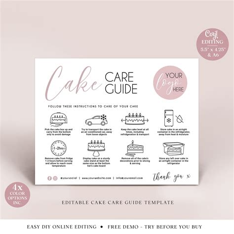 Cake Care Guide Editable Template Printable Cake Care Card Minimalist