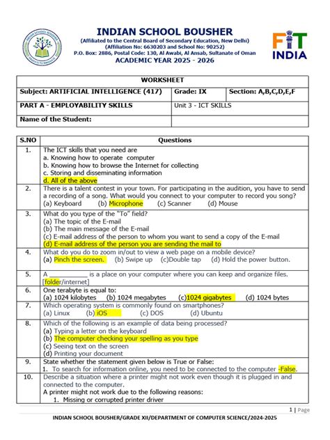 Class Ix Worksheet Ict Skills With Answ Pdf Inputoutput