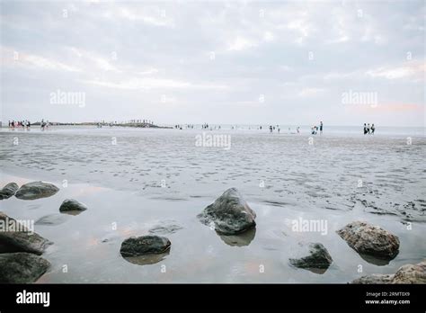 Rocks On The Puddle Of The Beach While Low Tide With Many People In The